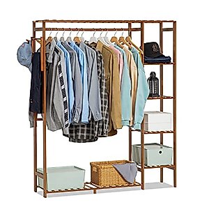 MoNiBloom Bamboo Clothes Rack, 6 Tier Garment Clothing Storage Shelving with Pants Scarves Racks and a Hanging Rob for Bedroom Living Room, Brown