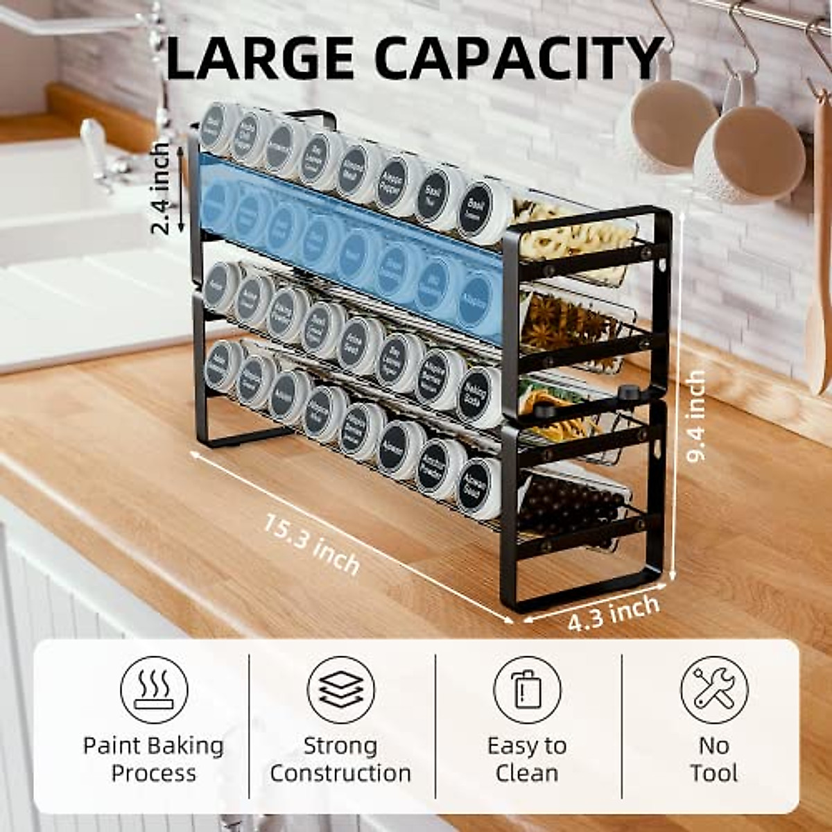 JONYJ Spice Rack Organizer with 32 Empty Square Spice Jars, 396 Spice Labels, Chalk Marker and Funnel Complete Set for Cabinet, Countertop or Wall Mount - 4 Tier