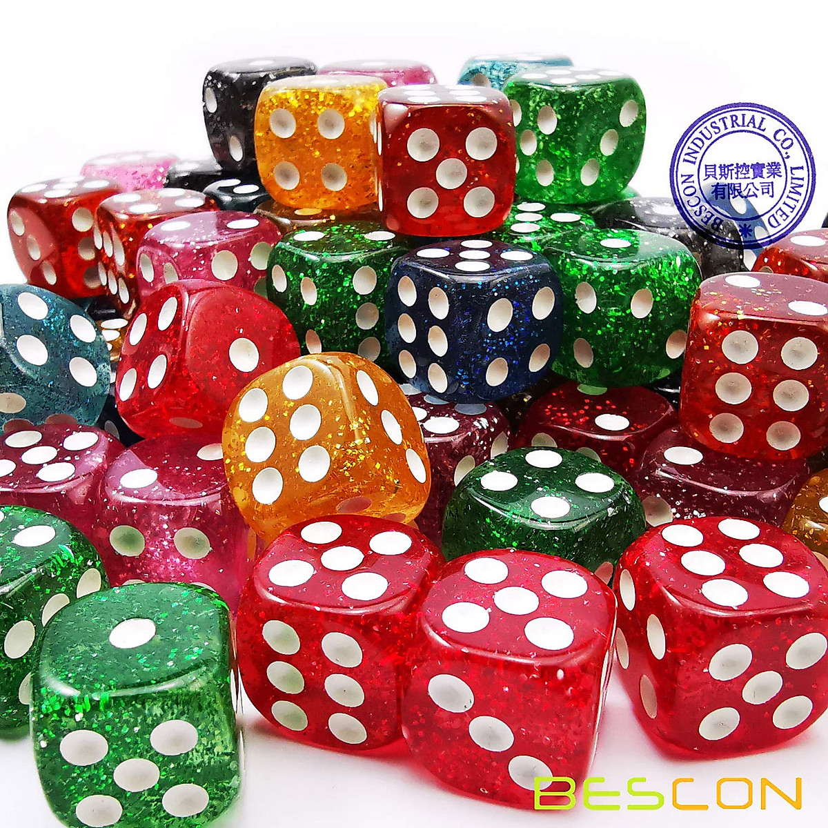 Bescon A Lot of Glitter 16MM D6 Set 100pcs, Assorted Colored Glitter Dice Set 100pcs