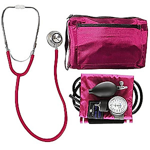 MABIS MatchMates Aneroid Sphygmomanometer and Dual Head Stethoscope Combination Home Blood Pressure Kit with Calibrated Nylon Cuff, Professional Quality, Carrying Case, Magenta