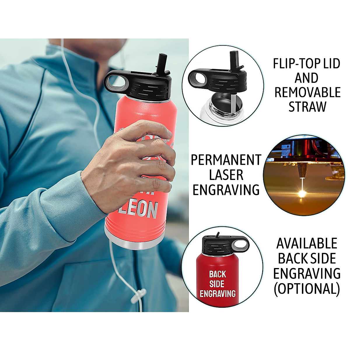 Customized Water Bottles with Flip-Top Lid and Straw, Personalized Stainless Steel Sports Thermos Engraved Monogram – Teacher, Birthday, Holiday, Corporate Gifts 20oz., 32oz. (Coral)