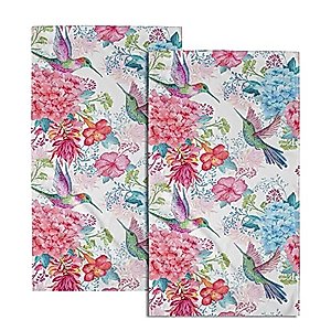 Pink Blue Floral Hand Towels Hummingbird Wild Floral Kitchen Dish Towel Set of 2 Spring Summer Decor Towel Set for Bathroom, Hotel, Gym and Spa