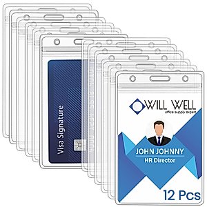 12 Pcs Extra Thick ID Card Badge Holder, Vertical Clear PVC Card Holder with Waterproof Resealable Zip Type (2.6×3.7 inches Inner Size)