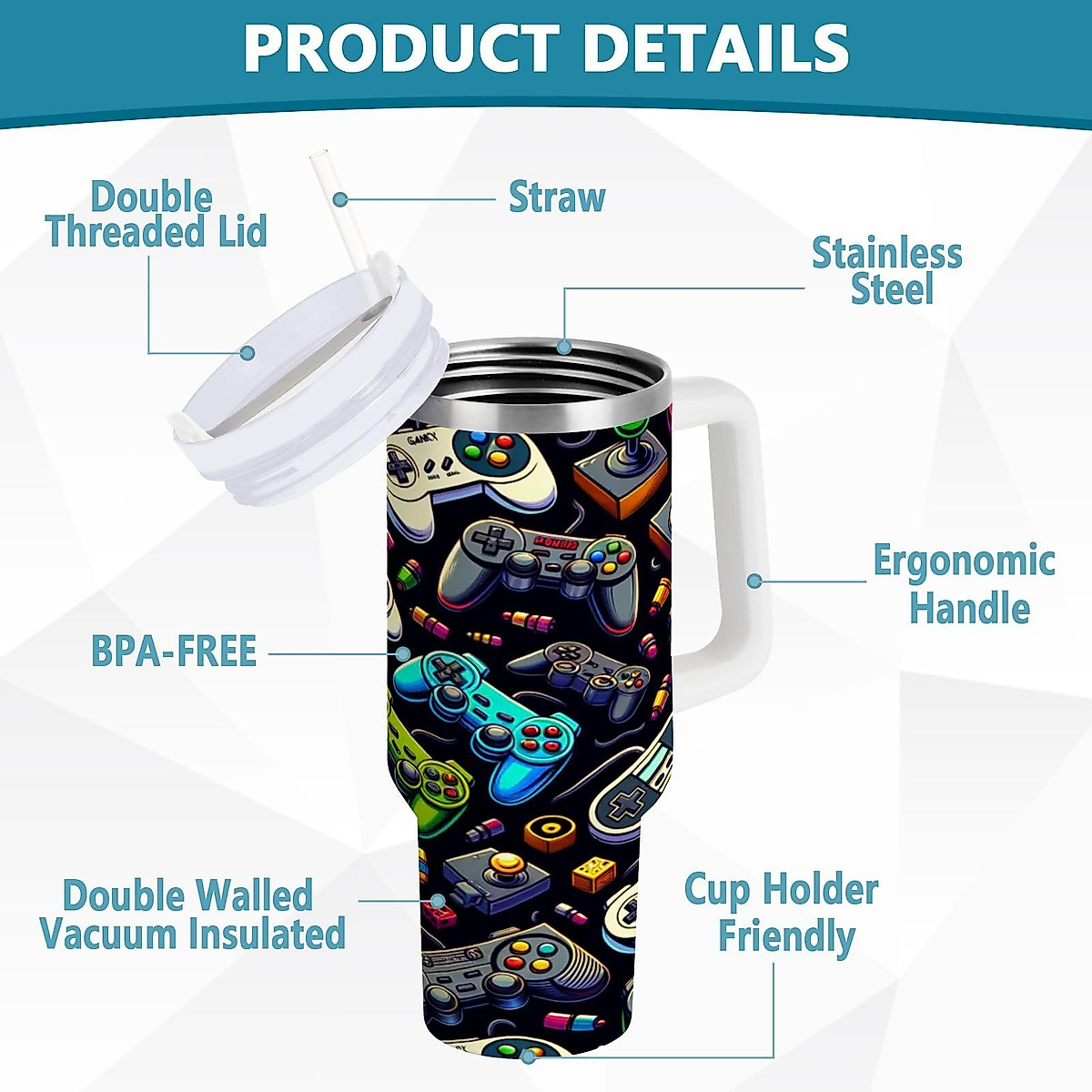 Jihqo Various Gamepads 40 oz Stainless Steel Vacuum Insulated Tumbler with Handle and Straw Lid, Leakproof Water Bottle Double Wall Travel Mug Coffee Cup, Cupholder Friendly