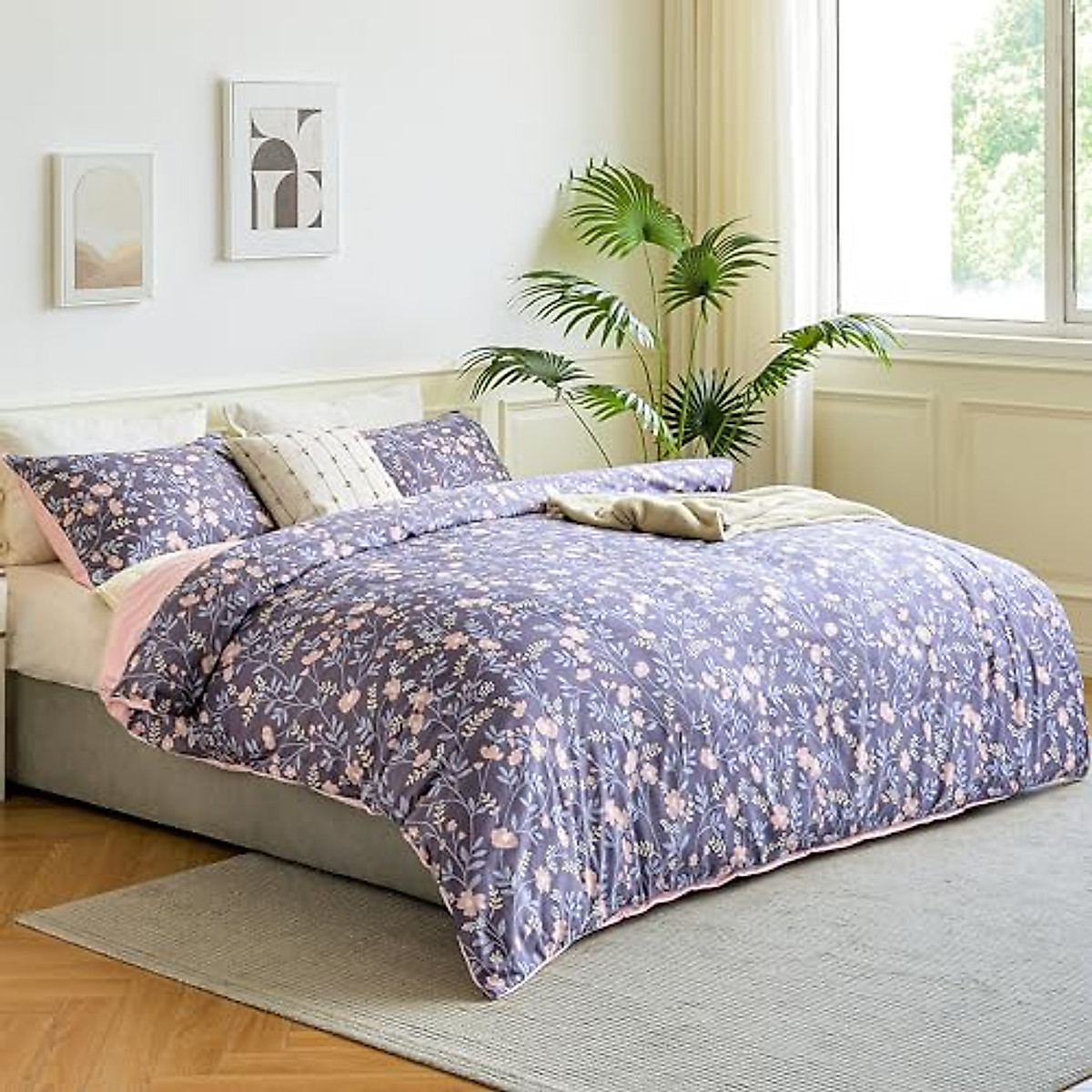 BOLINLIVING Floral Duvet Cover Queen Size 3 Pieces, Flower Duvet Cover with 2 Pillow Shams, Soft Floral Bedding Set Violet and Pink for All Season, Breathable, Zipper Closure…