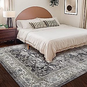 COZYLOOM 8x10 Vintage Area Rug for Living Room Retro Floral Rug Tribal Indoor Throw Carpet Machine Washable Non-Slip Rug Foldable Boho Floor Cover for Bedroom Home Office Grey