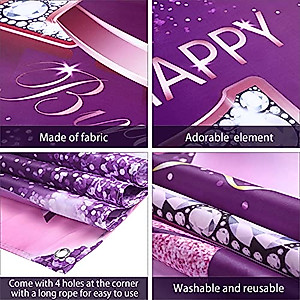 Happy Birthday Party Decorations, Large Fabric Happy 11th Anniversary Birthday Backdrop Photo Booth Background with Rope for Girls Birthday Party Favor Banner, 72.8 x 43.3 Inch, Pink Purple