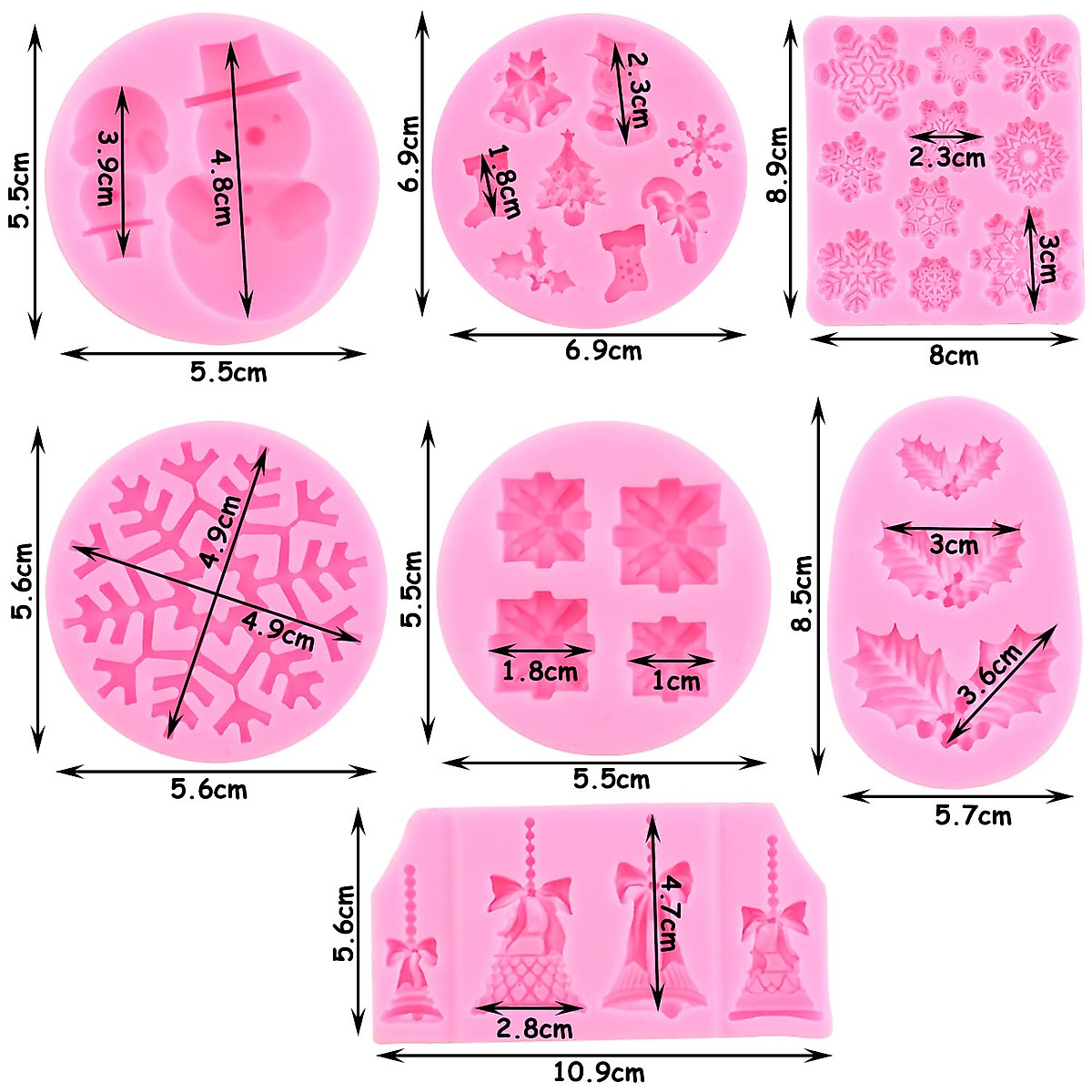 ZiXiang Christmas Silicone Molds Xmas Fondant Molds Christmas Tree Snowflake Bells Gift Box Snowman Holly Leaves Silicone Molds For Cake Decorating Cupcake Topper Candy Chocolate Gum Paste Set Of 7