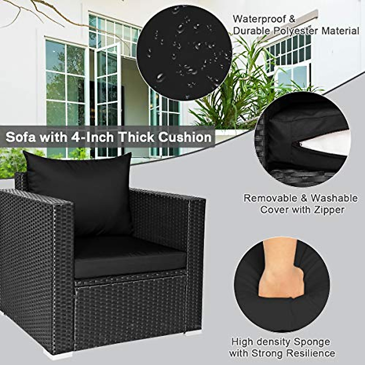 HAPPYGRILL 4 Pieces Patio Conversation Set Outdoor Rattan Furniture Set with Tempered Glass Tabletop & Removable Cushions Sectional Wicker Sofa Set for Garden Backyard Poolside