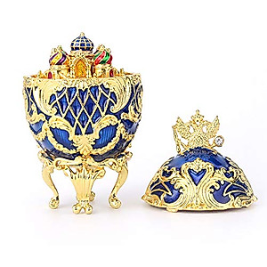 FASALINO Faberge Egg Jewelry Trinket Box Classic Hand-Painted Ornaments Metal Craft Gift for Home Decor (Blue)
