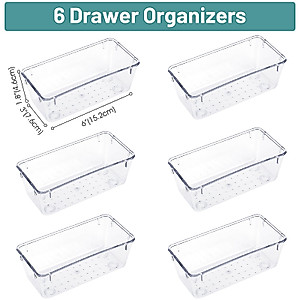 WOWBOX 6 PCS Clear Plastic Drawer Organizer Set, Desk Drawer Divider Organizers and Storage Bins for Makeup, Jewelry, Gadgets for Kitchen, Bedroom, Bathroom, Office