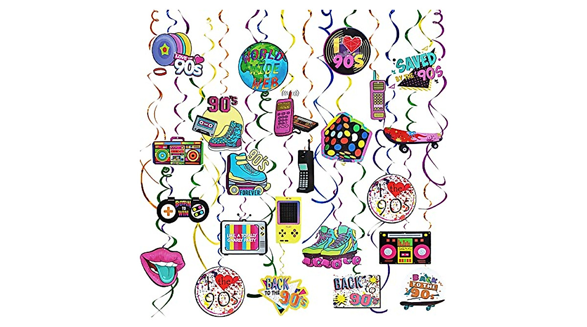 90s Party Decorations - 30pcs Retro Hanging Swirls & Cutouts