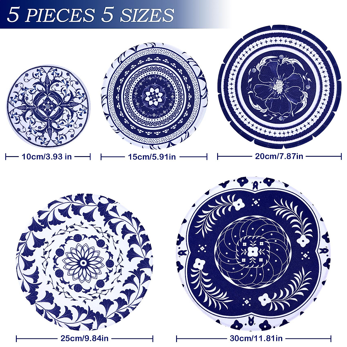 5 Pieces Bowl Covers Reusable, 5 Size Stretch Cloth Bowl Covers for Bread Proofing Cotton Fabric Elastic Bowl Covers Reusable Food Covers Washable for Food Fruits Leftover (Blue)