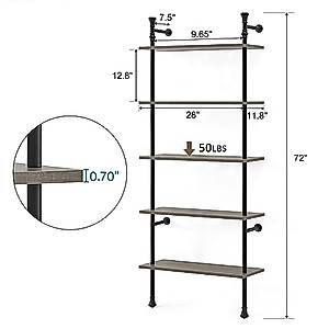 Realyoo Wall Mounted Bookshelf, 5 Tier Industrial Open Vintage Bookcase, Rustic Wood and Metal Book Shelf, Tall Modern Book Case for Office Home Living Room Bedroom - Oak Gray