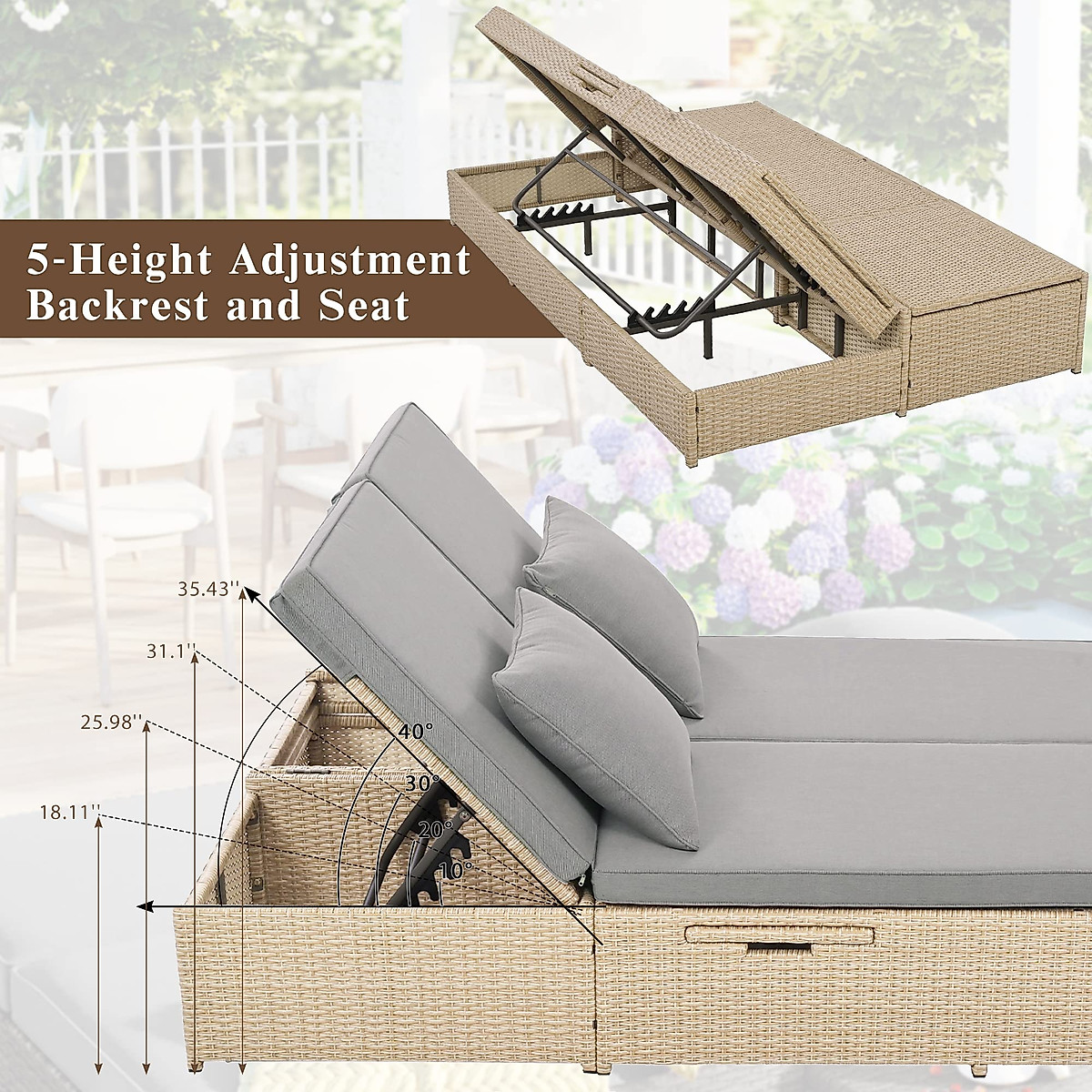 Merax Patio Conversation Set, Outdoor Double Sunbed Wicker Rattan Patio Reclining Chairs with Adjustable Backrest and Seat, Brown