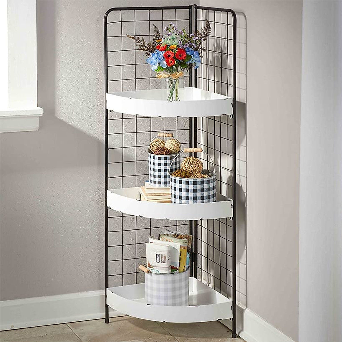 The Lakeside Collection Metal Corner Shelf - 3 Tier Rustic Farmhouse Shelving Display Unit - White
