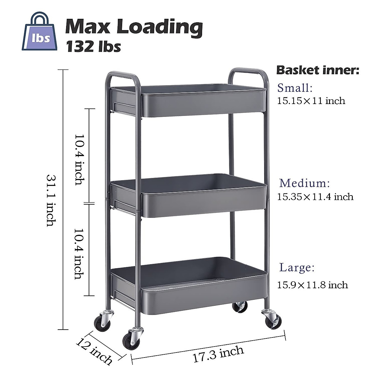 TOOLF 3-Tier Rolling Cart, Metal Utility Cart with Lockable Wheels, Storage Craft Art Cart Trolley Organizer Serving Cart Easy Assembly for Office, Bathroom, Kitchen, Kids' Room, Classroom (Grey)