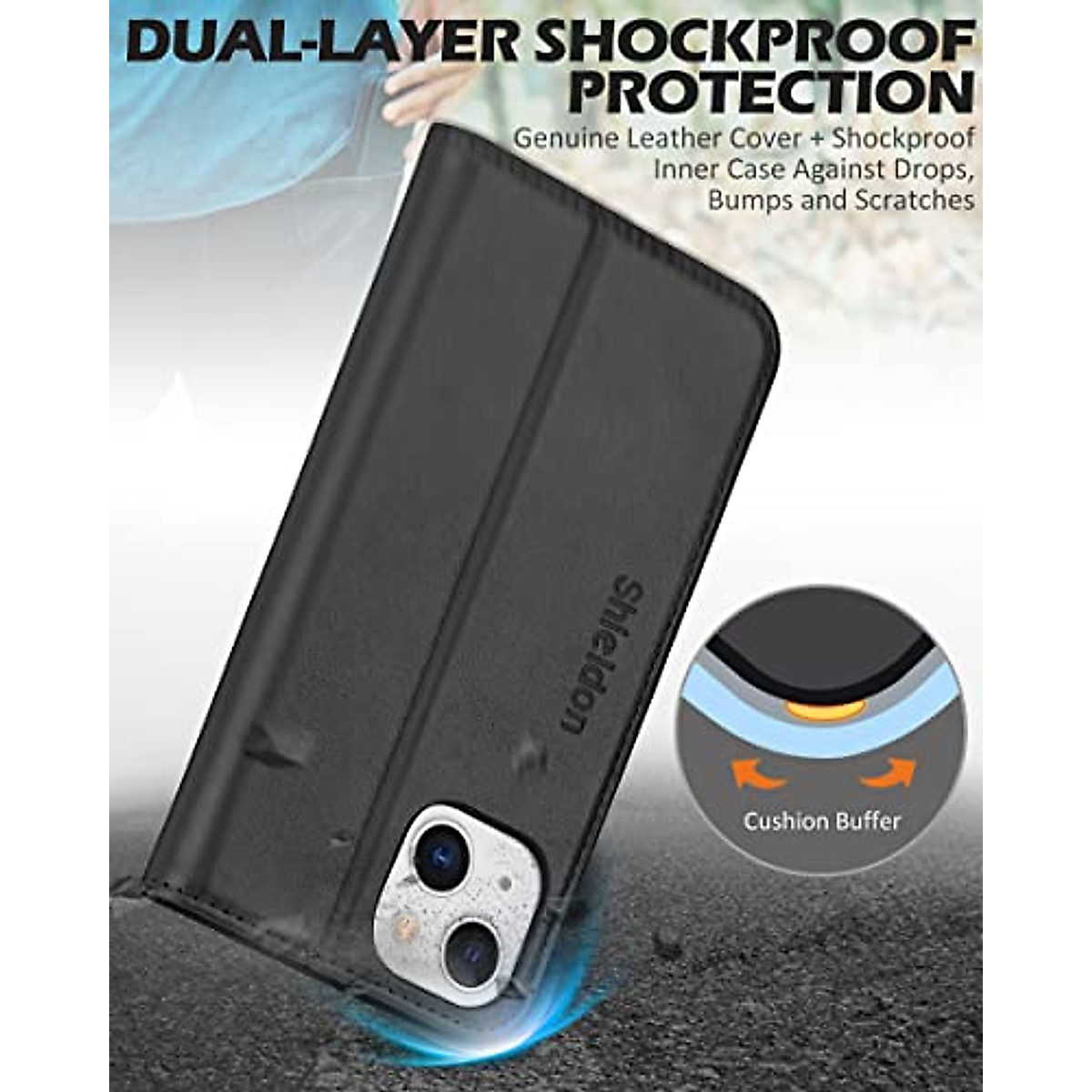 SHIELDON Case for iPhone 13 Wallet Case, Genuine Leather Case with Kickstand RFID Blocking Credit Card Holder Shockproof Full Protection Magnetic Case Compatible with iPhone 13 5G 6.1" 2021 - Black