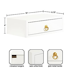Kate and Laurel Decklyn Modern Glam Floating Side Table with Concealed Drawer for Additional Storage and Home Decor, 18x12x6, White/Gold