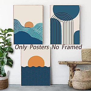 Boho Wall Art Decor Set of 3 Mid Century Blue Modern Rainbow Wall Decor 16x24in Canvas Paintings Print Minimalist Line Sun And Moon Artwork For Bedroom Living Room Nursery Aesthetic Bathroom