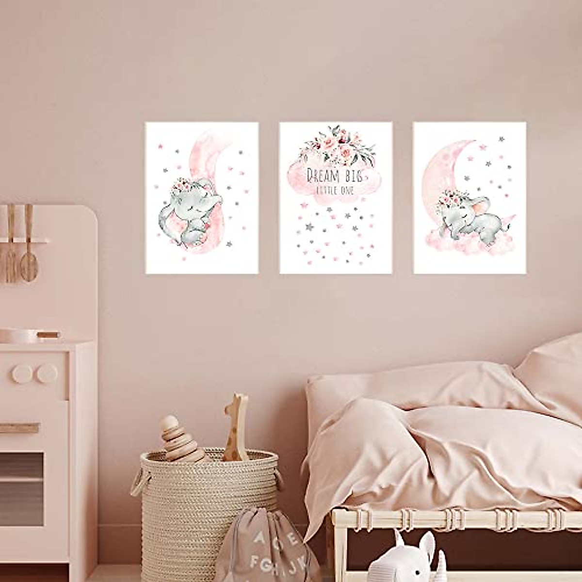 Canssape Pink Elephant Nursery Wall Decor Set of 4 Baby Girl Room Decor Elephant Wall Art Goodnight On A Hot Air Balloon |Dream big little one|(8x10in)(Unframed)