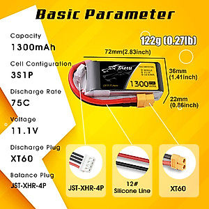Tattu 11.1V 1300mAh 75C 3S LiPo Battery Pack with XT60 Plug for RC Boat Heli Airplane UAV Drone FPV Nemesis 240 Mini Skylark M4-FPV 250 Mini Shredder 200 INDY250 Plus Mojo 280 HOVERSHIP MHQ2