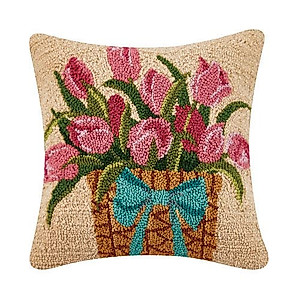 Peking Handicraft - Pink Tulips Floral Basket Hook Pillow 16x16 - 30SJM10593C16SQ