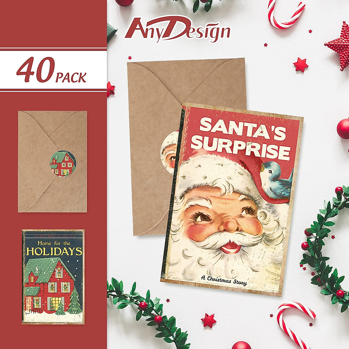 AnyDesign 40 Pack Retro Christmas Greeting Cards Vintage Xmas Cards with Envelopes Stickers Santa Claus Snowman Blank Note Cards for All Occasions New Year Gift Giving, 10 Design, 4 x 6 Inch