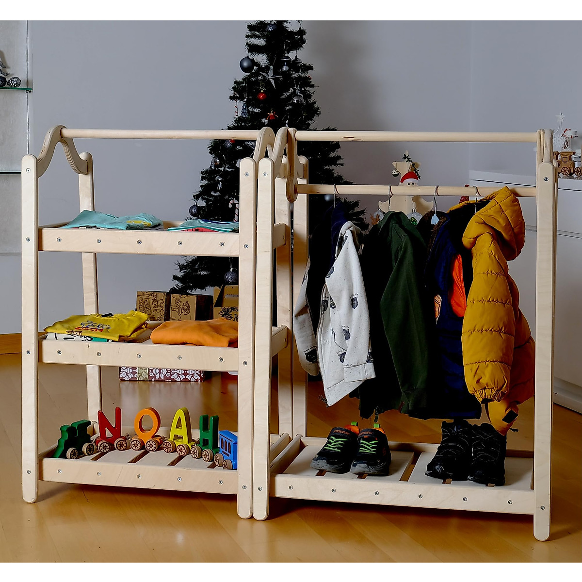 Montessori Clothing Rack and Wardrobe Set | Premium Kids Wood Furniture | Toddler Wardrobe Set | Toddler Wardrobe and Dress Up Station | Child Room Clothing Organizer (Clothes Cabinet)
