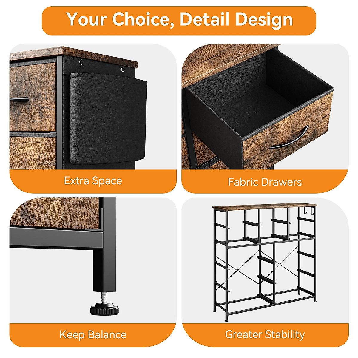 12 Dresser for Bedroom, Chest of Drawers for Bedroom with Side Pockets and Hooks, Fabric Storage Dresser, Sturdy Steel Frame, Wood Top, Easy Pull Handle (Rustic Brown)