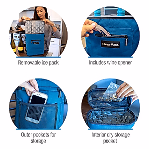CleverMade Wine Bottle and 6 Pack Cooler Bag; Insulated Leakproof Tote with Removable Ice Pack and Corkscrew Bottle Opener, Teal
