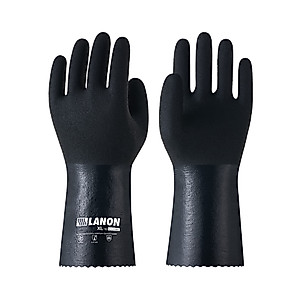 LANON Nitrile Chemical Resistant Gloves, Reusable Heavy-Duty Rubber Gloves with MicroFoam Textured Palm, Acid, Alkali and Oil Protection, Black, Large