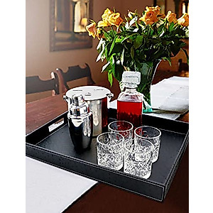 Ranslen Serving Tray with Handles, 20 x 16 Inch Rectangular Leather Tray for Coffee Table, Breakfast, Kitchen Home Black Tray Decor Extra Large