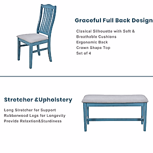 Merax Mid-Century 6-Piece Wood Dining Table Set with Drawer, 4 Upholstered Chairs and Bench, Antique Blue