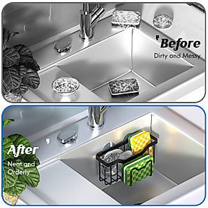 Utobao Sponge Holder for Kitchen Sink, Kitchen Sink Caddy Organizer for Dish Soap Scrub Brush Sink Stopper, in Sink Basket SUS304 Stainless Steel, No Drilling with Adhesive 2 Hanging Way-Black