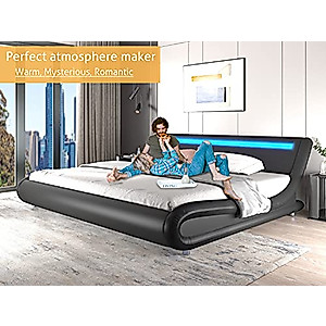 SHA CERLIN Upholstered Modern Bed Frame with LED Headboard/Mattress Foundation/No Box Spring Needed/Strong Wood Slats Support/Easy Assembly, Black, Full