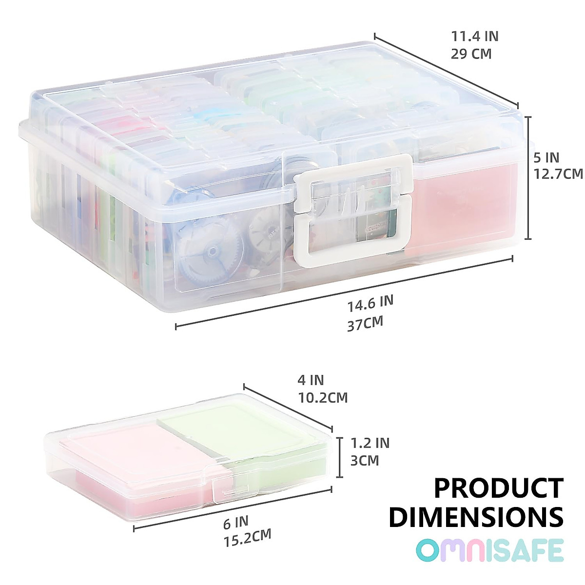 OMNISAFE 4x6 Photo Storage Cases, 16 Inner Plastic Craft Storage Container, Acid-Free Box for Pictures, Crafts, Scrapbooking, Photo Keeper with Handle