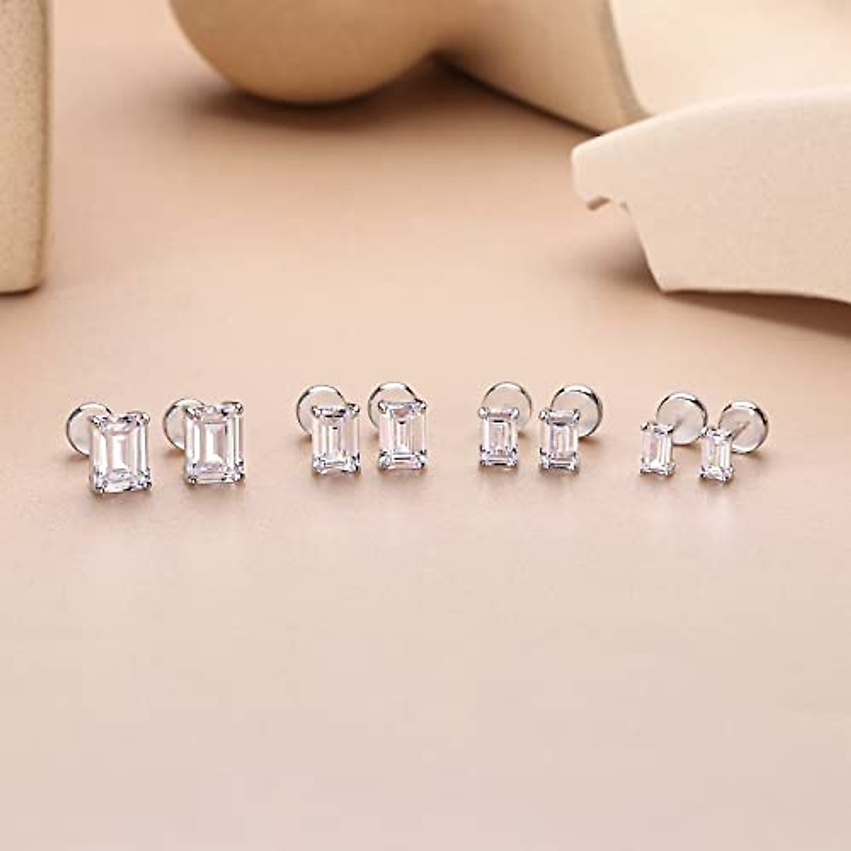 Stud Earrings for Women, S925 Sterling Silver 14K White Gold Plated Hypoallergenic Stud Earrings Emerald Cut Cubic Zirconia Sterling Silver Stud Earrings for Women Men