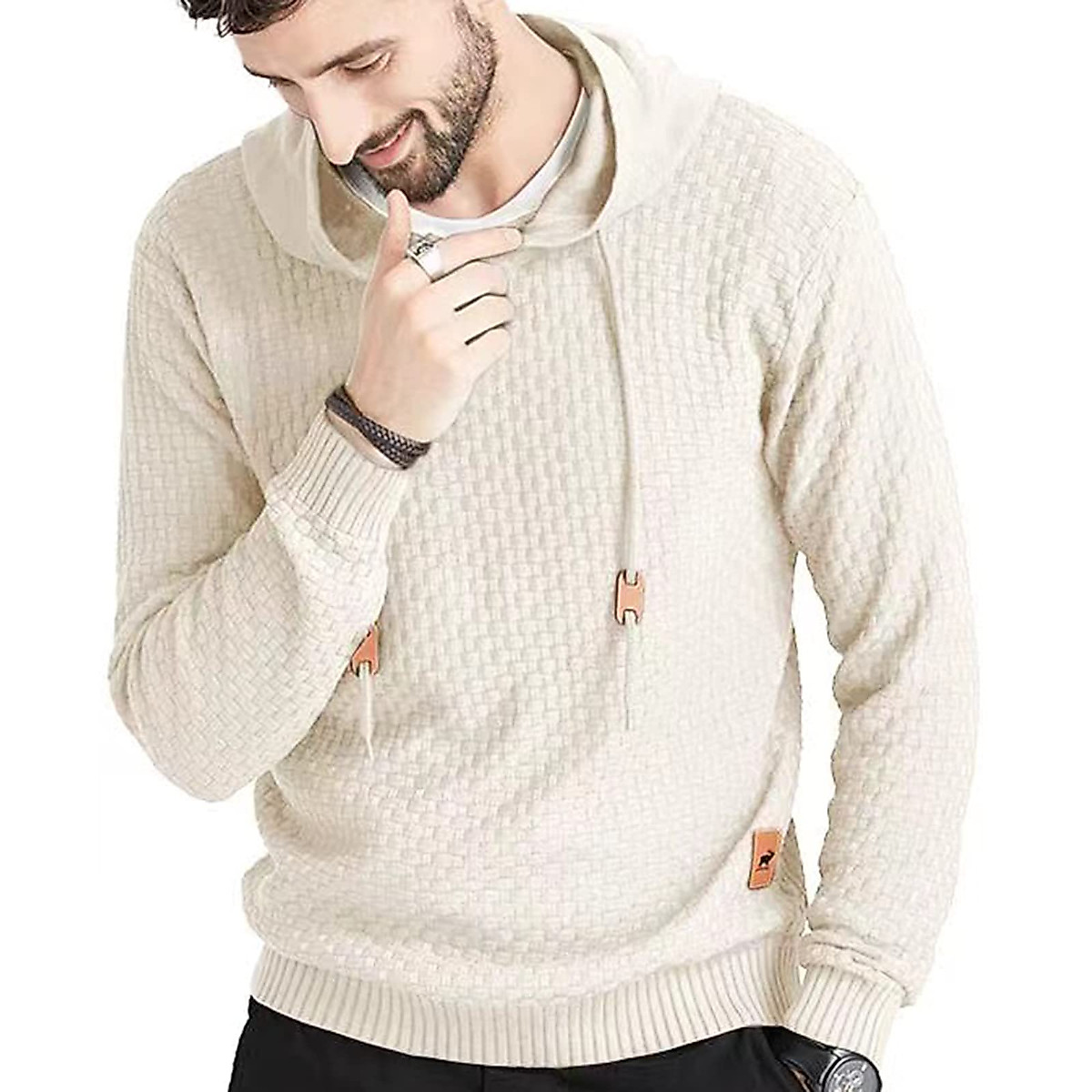 Zaitun Mens Hooded Sweatshirt Long Sleeve Solid Knitted Hoodie Pullover Sweater Khaki