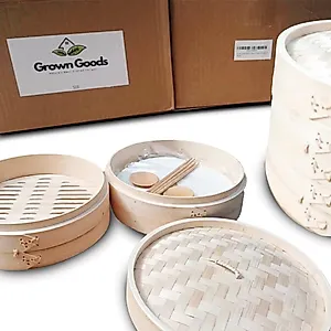Grown Goods Bamboo Steamer Handmade Basket with Lid | 10 inch 2 Tier Steaming Basket Traditional Design | For Dumplings, Rice, Dim Sum, Vegetables, Fish, and Meat | Includes 50 liners, 2 bamboo sauce