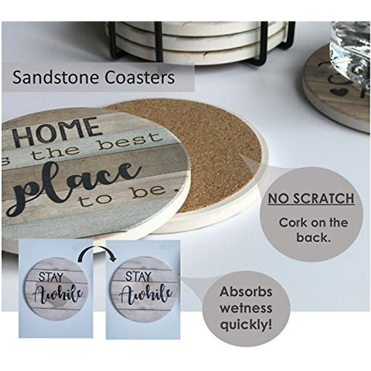 PANCHH Rustic Farmhouse Stone & Cork Coasters for Drinks, Absorbent - Set of 6 Coasters with Holder - Best Housewarming Gifts for New Home Ideas - Cute Kitchen and Coffee Table Décor & Accessories