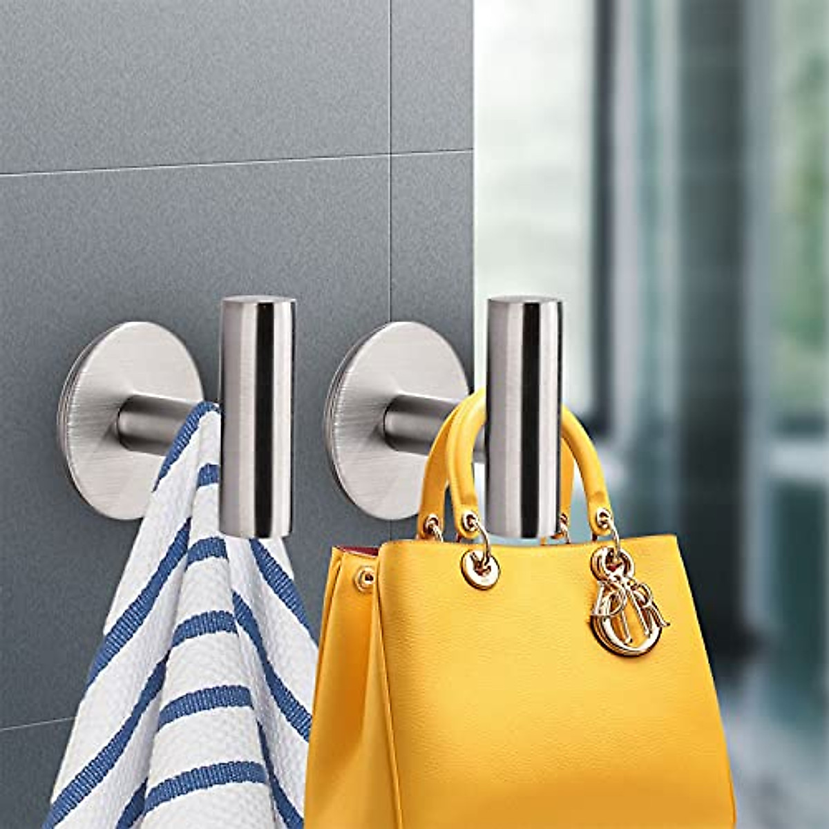 SHAREWIN Adhesive Towel Hooks Bathroom Wall Mounted Matte Black Hook 304 Stainless Steel Hanging Coat Rack Robe for Kitchen Bathroom Shower Home Door 2 Packs (Brushed Nickel Silver)