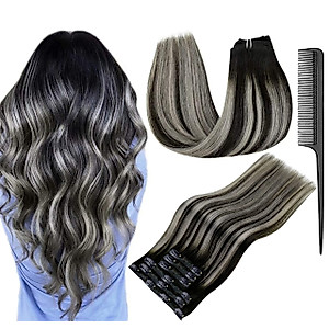 6 PCS Synthetic Straight Hair Extensions Clip in human hair 20 INCH 140 Gram Thick hairpieces Dark Brown Blonde Black Wigs with Comb for Women and Girls Full Head (20 INCH, Natural Black to Light Blonde)