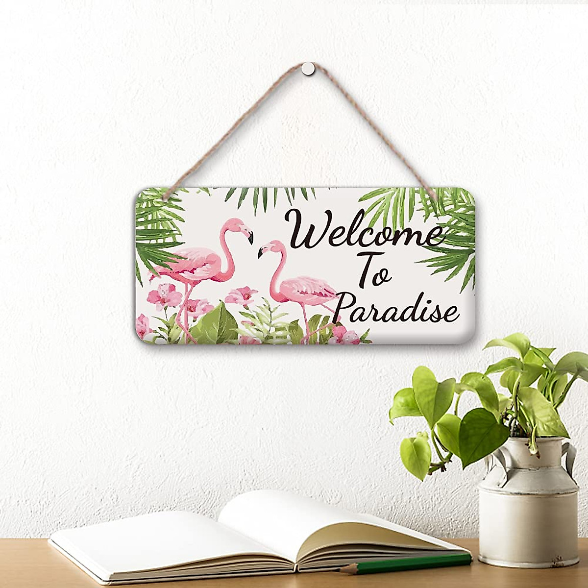 SUPERDANT 2Pcs Wood Door Hanging Sign Plaque Welcome to Paradise Flamingo Hanging Decorative Wood Welcome Sign for Home Front Door Decoration Farmhouse Porch Garden Yard 30x15cm