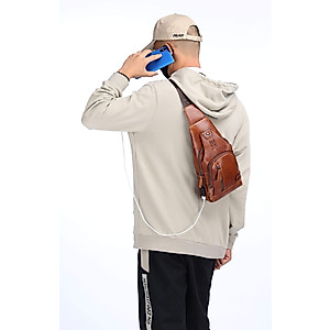 BULLCAPTAIN Mens Sling Bag Genuine Leather Chest Shoulder Bags with USB Charging Port Casual Crossbody Bag Travel Hiking Daypacks (brown)