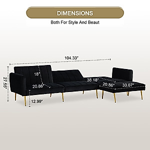 TTGIEET 105" Velvet Sofa Couch with Chaise, L Shape Futon Sofa Couch with USB, 4-Seat Sleeper Sofa Bed for Living Room (Black)