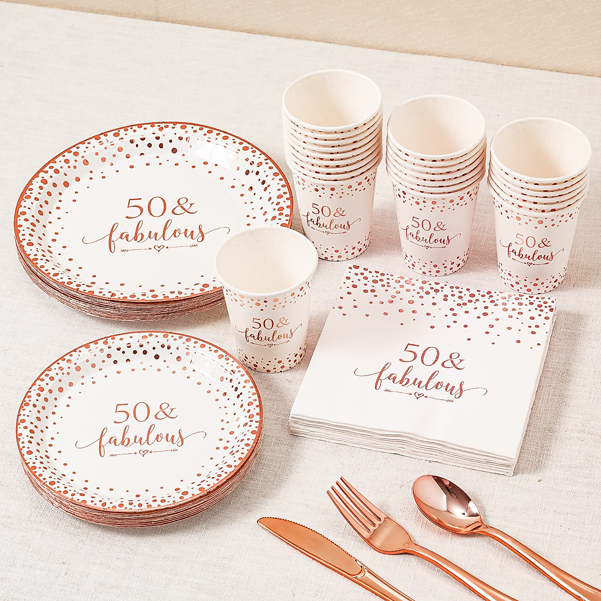 Crisky Rose Gold Foil 50 Fabulous Napkins Plates Cups Set for Women 50th Birthday Party Decorations Supplies, Disposable Tableware Set of 24 (9" Plates, 7" Plates, Luncheon Napkins, 9oz Cups)