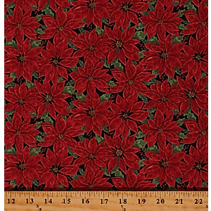 Cotton Christmas Holiday Seasonal Winter Flowers Floral Poinsettias Home Sweet Holiday Deb Strain Black Cotton Fabric Print by The Yard (D504.71)