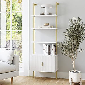 Nathan James Theo Mid-Century Modern Bookcase with Cabinet Fluted Texture, White Open Shelves and Brass Metal Frame Living Room, Home Office Storage