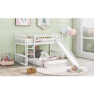 Tidyard Twin Over Twin Bunk Bed with Slide and Ladder, Wood Bed White for Bedroom Dorm Guest Room Home Furniture